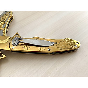 Wolf Pocket Knife, Spring Assisted Tactical Knife with Stainless Steel 3.5" Blade for Tactical Rescue, Self Defense, Hunting, Survival Glass Breaker Knives (Gold)