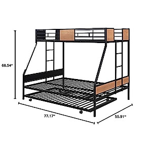 MOEO Twin Over Full Metal Bunk Bed with Trundle for Kids, Steel Bedframe w/Two Ladders, Guard Rail, Bedroom Furniture, No Spring Box Required, Black