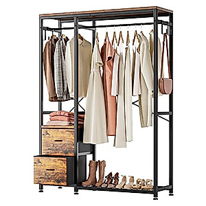 Lulive Clothes Rack, Heavy Duty Garment Rack for Hanging Clothes, Industrial Clothing Racks with Shelves, 2 Fabric Drawers, 4 Hooks, 2 Hanging Rods, Freestanding Closet Organizer, Rustic Brown