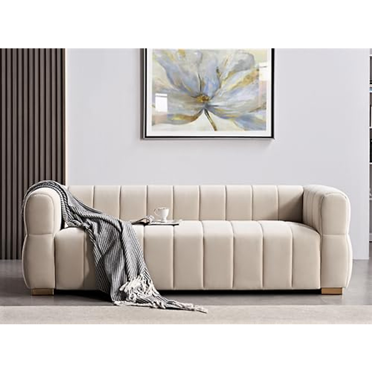 Container Furniture Direct Art Deco Velvet Sofa with Tufted Low Back Design, Sophisticated 3 Seater Couch for Living Rooms, 89 Inch Wide, Easy Assembly, Beige