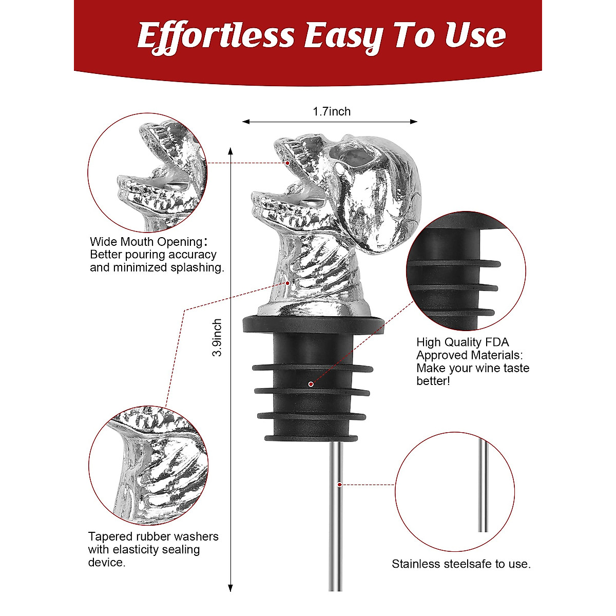 Skull Wine Aerator Pourer Spout - Anvy Lunda Liquor Bottle Pourers Skull Wine Decanter - Creative Gifts for Alcohol, Whiskey, Skull Lover (Silver)