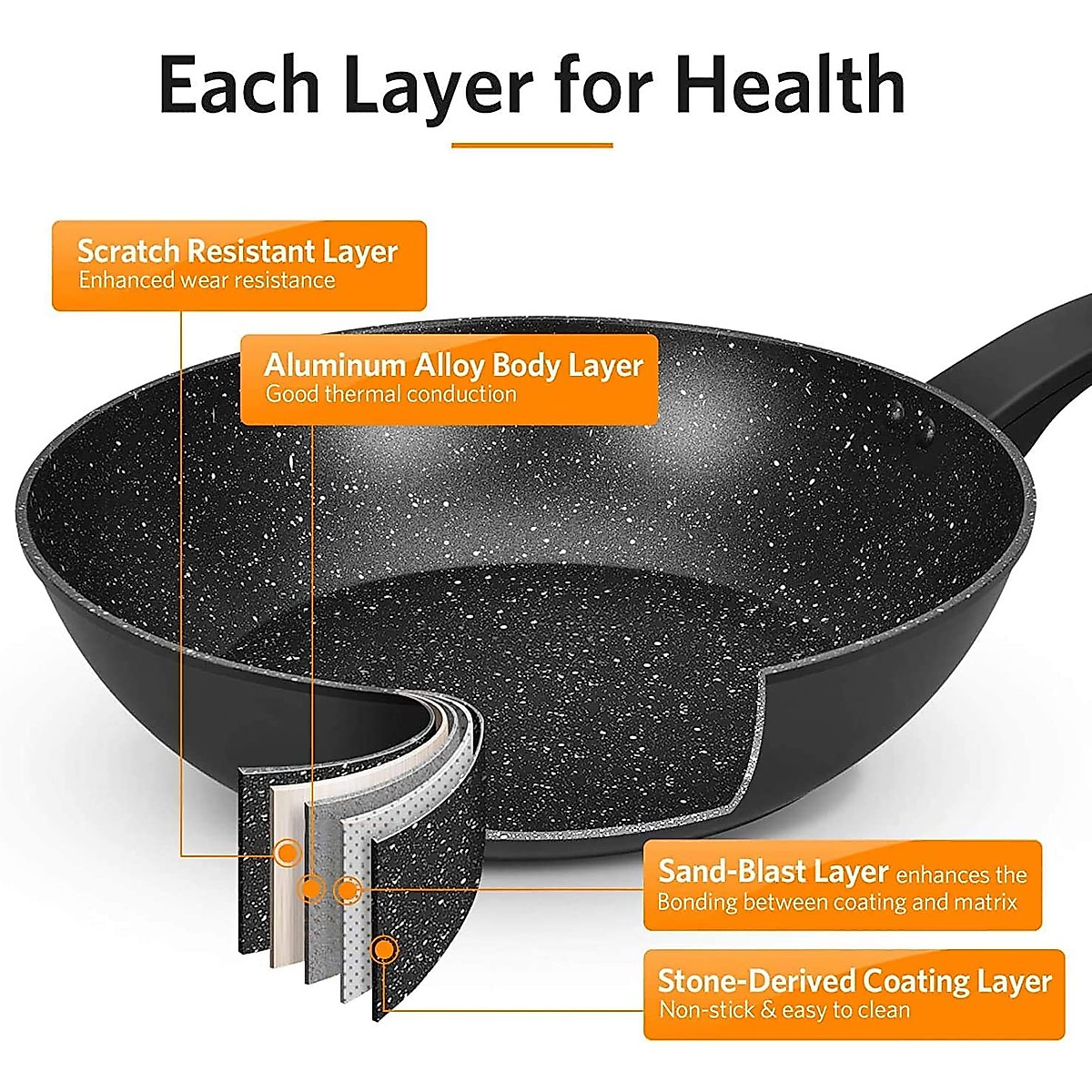 KOCH SYSTEME CS 12'' Black Wok with Lid, Ultra Non Stick Frying Pan with Glass Cover, Marble Coating Deep Frying Pan with APEO & PFOA-Free, Aluminum Stir Fry Pan, Induction Compatible