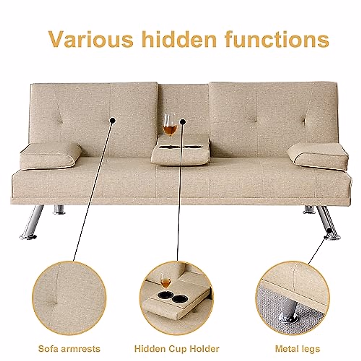 JCSTEU 67" Leather Sofa Bed with Cup Holder, Folding Sleeper Loveseat Couch with Adjustable Backrests, Convertible Loveseat Sofa for Living Room, Apartment,600 LBS Support (Beige)