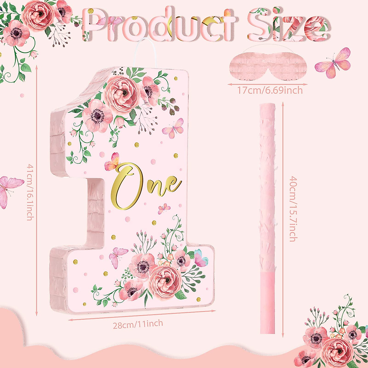 Pink Floral Piñata Number 1 Piñata Set with Blindfold, Bat and Filler for Flower Theme Gender Reveal Baby Shower Kids First Birthday Party Supplies