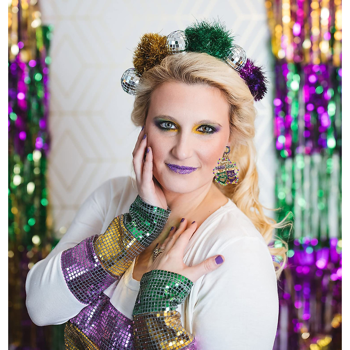 Mardi Gras Earrings Glitter Fleur De Lis Mask Dangle Earrings Sparkly Rhinestone Bead Happy MARDI GRAS Skull Dangling Earrings Hypoallergenic Carnival Parade Party Festive Earrings Jewelry for Mardi