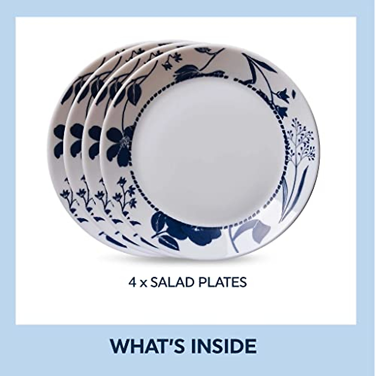 Corelle Everyday Expressions 4-Pc Salad Plates Set, Service for 4, Durable and Eco-Friendly 7-1/2-Inch Plates, Higher Rim Glass Lunch Plate Set, Microwave and Dishwasher Safe, Rutherford