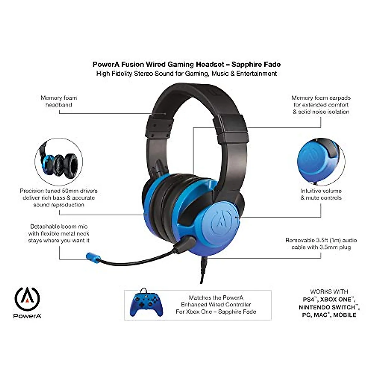 PowerA Fusion Wired Stereo Gaming Headset with Mic for PlayStation 4, Xbox One, X, Xbox One S, Xbox 360, Nintendo Switch, PC, Mac, VR, Android, and iOS - Sapphire Fade - Xbox 360; Xbox