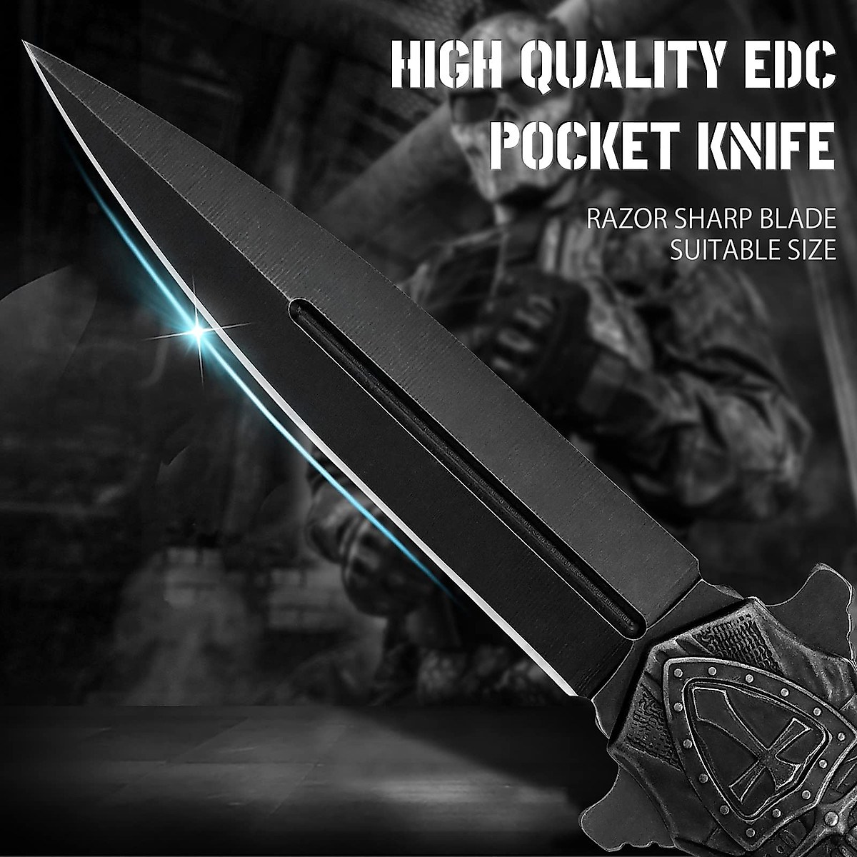 VALHALLA Pocket Folding Knife, Survival Knife With 3D Crusader Relief, Great Gift Edc Pocket Knife For Men Collector Outdoor Camping Hiking Hunting Knife