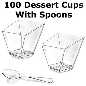 zappy 100 Ct Elegant Square Twist Mini Cube 2 oz with Clear Mini Spoons Clear Tasting Sample Shot Glasses 100 Ct Dessert Cups Disposable Plastic and 100 Mini Dessert Spoons