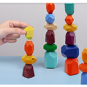 40 PCS Wooden Rocks Balance Stones Building Blocks Set, Colored Wood Balancing Stone Stacking Game, Lightweight Natural Educational Preschool learning Large Small Puzzle Toy for Kids (40PCS-2)
