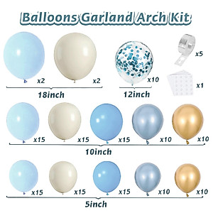 Dusty Blue Balloons Garland Arch Kit, Dusty Pastel Baby Blue Balloon White Sand Chrome Gold Blue Confetti Latex Balloons for Boy Baby Shower Bridal Shower Gender Reveal Birthday Party Decorations