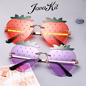 JOVAKIT Strawberry Shaped Sunglasses for Women Men Vintage New Rimless Sun Glasses Retro Rave Party Halloween Eyeglasses (Gold/Red)