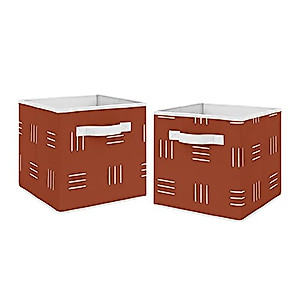 Sweet Jojo Designs Rust White Boho Mudcloth Foldable Fabric Storage Cube Bins Boxes Organizer Toys Kids Baby Childrens Set of 2 Orange Bohemian Woodland Tribal Southwest Mud Cloth Hatch Triple Line