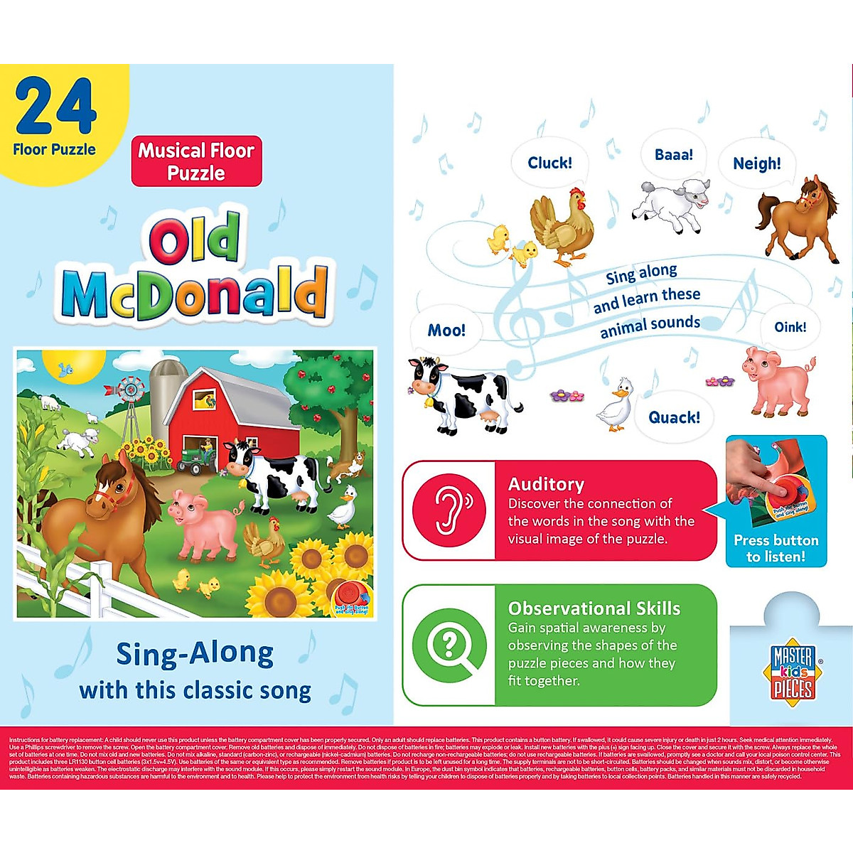 Masterpieces 24 Piece Old McDonald Sing-A-Long Sound Floor Puzzle for Kids - 18"x24"
