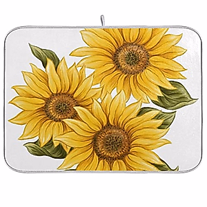 Absorbent Dish Drying Mat for Kitchen Counter - Yellow Sunflower Microfiber Drying Pad, Reversible Drainer Mats for Countertop, Small 16" x 18"