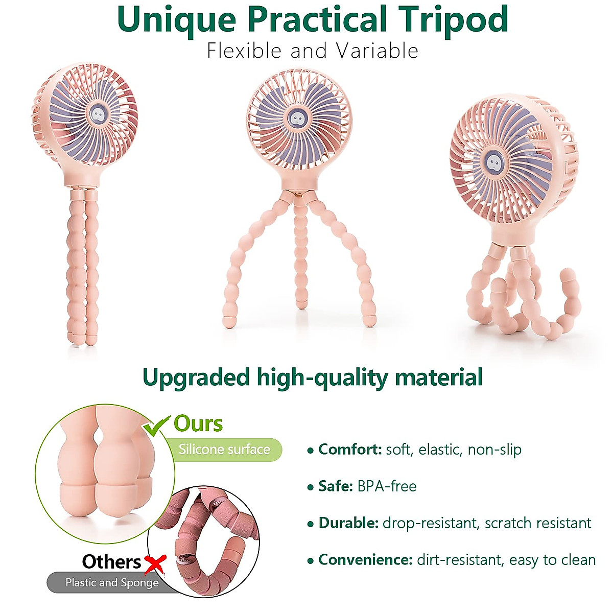 snawowo Mini Handheld Personal Portable Fan, Baby Stroller Fan, Car Seat USB or Battery Powered, with Flexible Tripod Clip on Student Bed Desk Bike Crib Treadmill Camping Traveling(Pink)