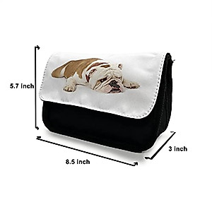Ambesonne English Bulldog Pencil Case, Sad Animal, Fabric Pen Pencil Bag with Double Zipper, 8.5" x 5.5", Cream Brown
