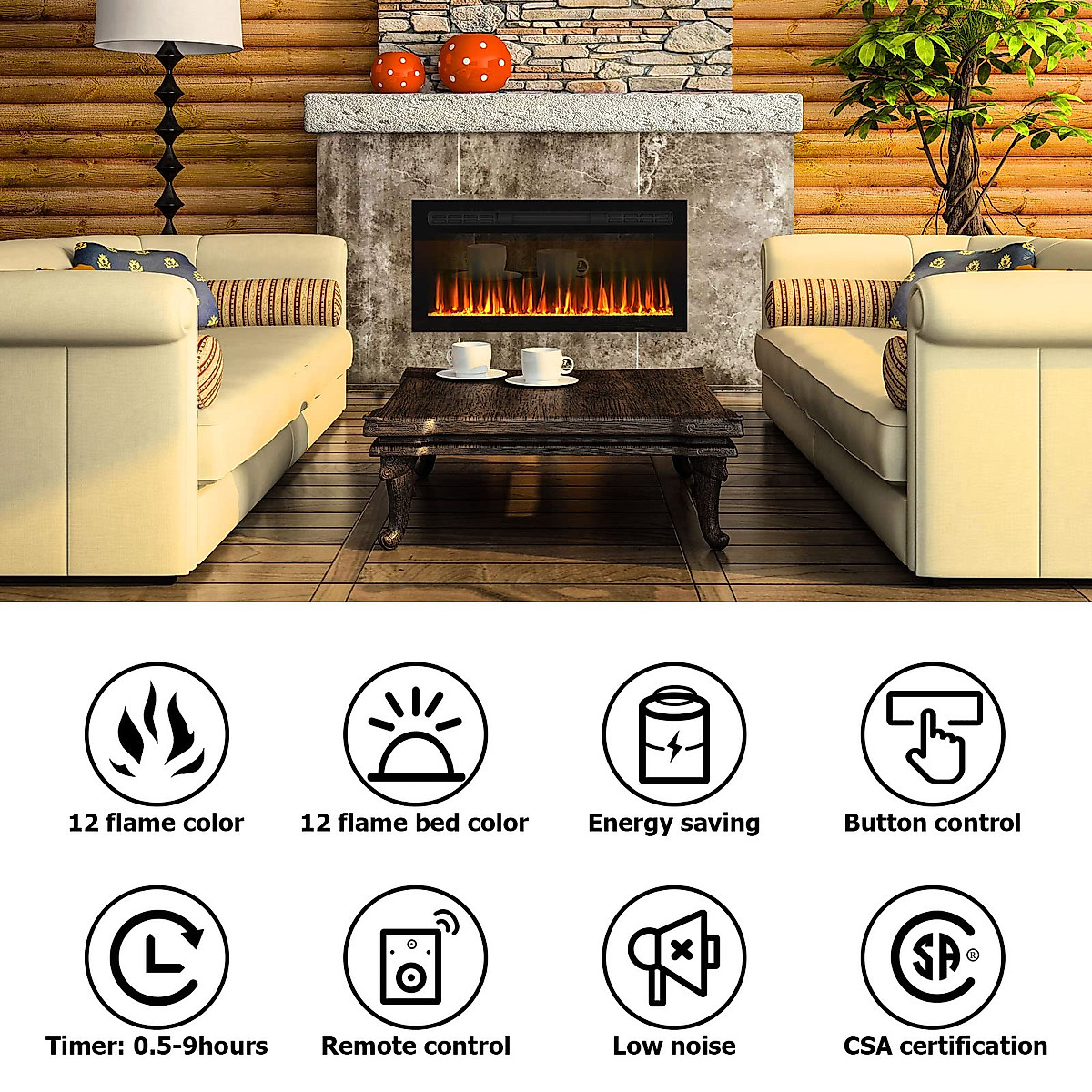 Upesitom 36" Electric Fireplace Mirrored Fireplace Heater Recessed & Wall Mounted Electric Fireplace Insert, LED Linear Fireplace with Flame Colors, Remote Control with Timer, 750/1500W