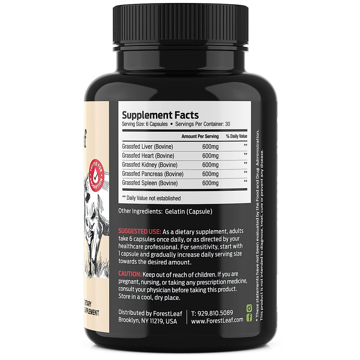 ForestLeaf Beef Organ Supplement - Grass Fed & Pasture Raised - Total Body Wellness & Performance, Organ Complex with 3000mg of Desiccated Beef Liver, Heart, Kidney, Pancreas, Spleen (180 Capsules)