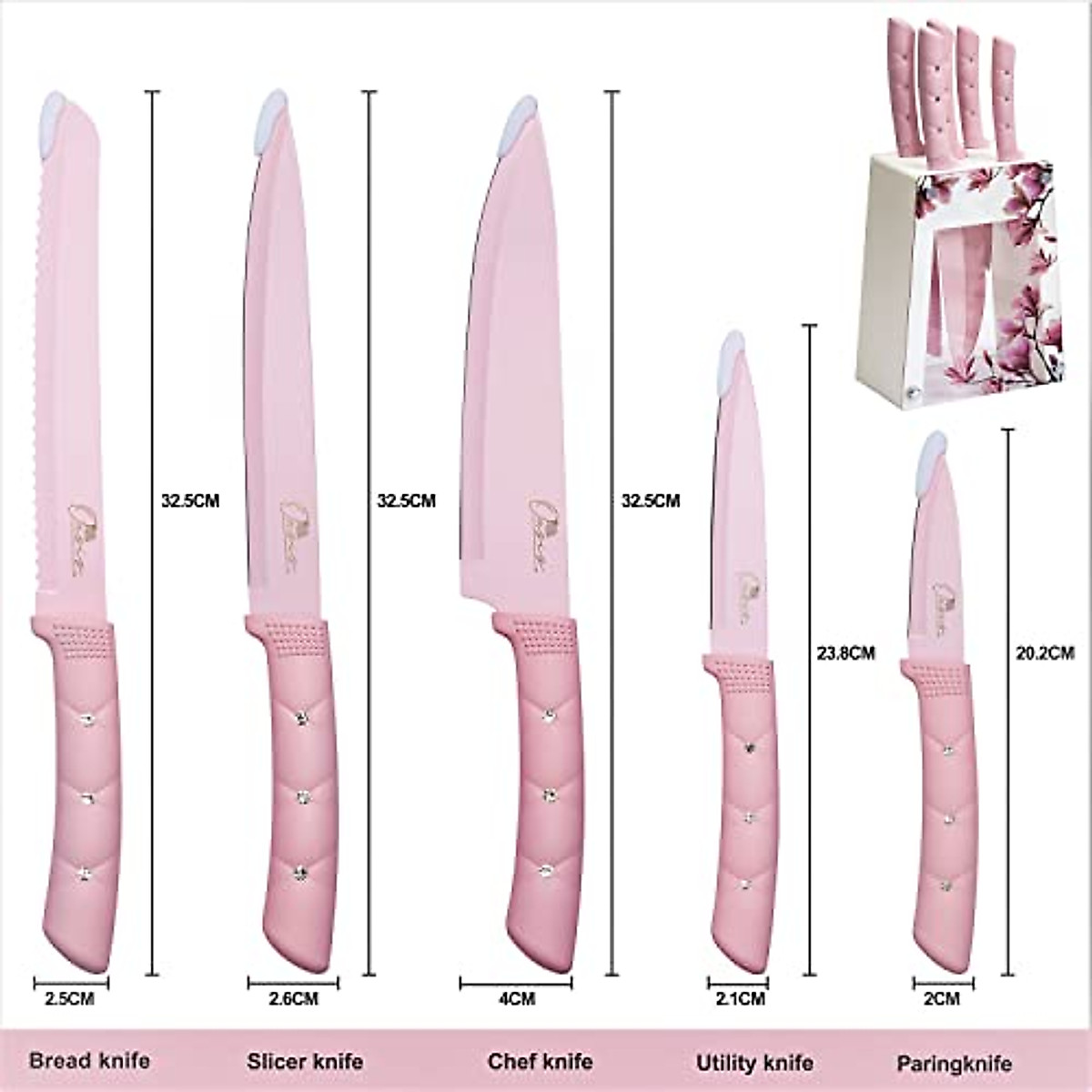 Kitchen Knife Set, OasisUSA Stainless Steel Sharp Knife Sets With ABS Stand, non-fading Pink Color Flower patterned Stainless Steel Blade with Triple-Riveted Handles. Gift for Women and Girls