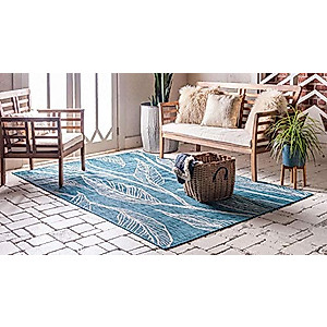Unique Loom Outdoor Botanical Collection Area Rug - Leaf (6' 1" x 9' Rectangle, Teal/ Ivory)