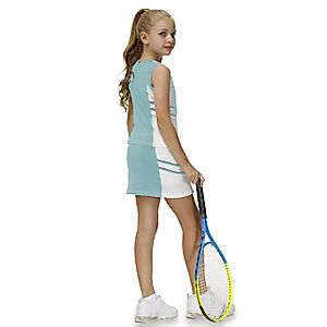 Girls Tennis Athletic Outfit Set Sports Color Block Casual Tank Top Golf Skirt Built in Shorts Light Green 6-7 Years