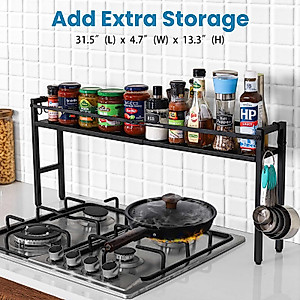 yudeke Stove Top Shelf, Extendable Spice Rack for Kitchen - Adjustable Over-the-Stove Shelf with 4 Hooks, Seasoning Organizer Countertop, Extra Space Saver (Black)
