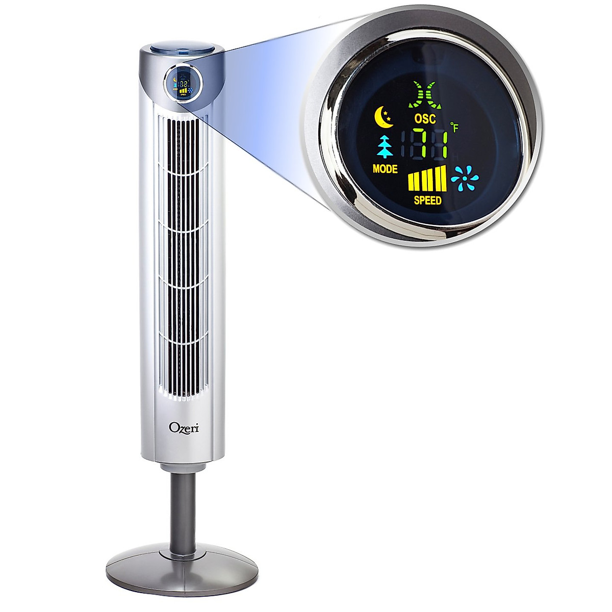 Ozeri Adjustable Oscillating Tower Noise Reduction Technology Ultra 42” Wind Fan, Silver