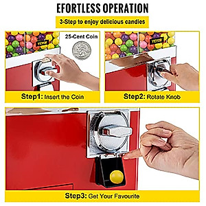 VEVOR Gumball Machine with Stand, Red Quarter Candy Dispenser, Rotatable Four Compartments Square Candy Vending Machine, PC & Iron Large Gumball Bank Adjustable Dispenser Wheels for 1 inch Gumballs