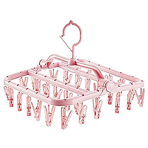 Rivama Foldable Clip Hangers with 32 Clips,Clothes Drying Rack with Clips,Folding Laundry Clip and Drip Drying Hanger for Socks,Underwear,Bras,Lingerie,Towels,Diapers,Baby Clothes,Scarf (Light Pink)