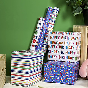 MAYPLUSS Birthday Wrapping Paper Roll - Mini Roll - 17 inch X 120 inch Per roll - Polka dots, Stripes Patterns (42.3 sq.ft.ttl)