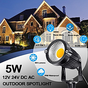 HOTSELLDR Low Voltage Landscape Spotlights, 5W 500LM LED, Warm White, IP66 Waterproof, 12V 24V, 9.05 Inches, Black, Outdoor, Modern Style, 1 Count