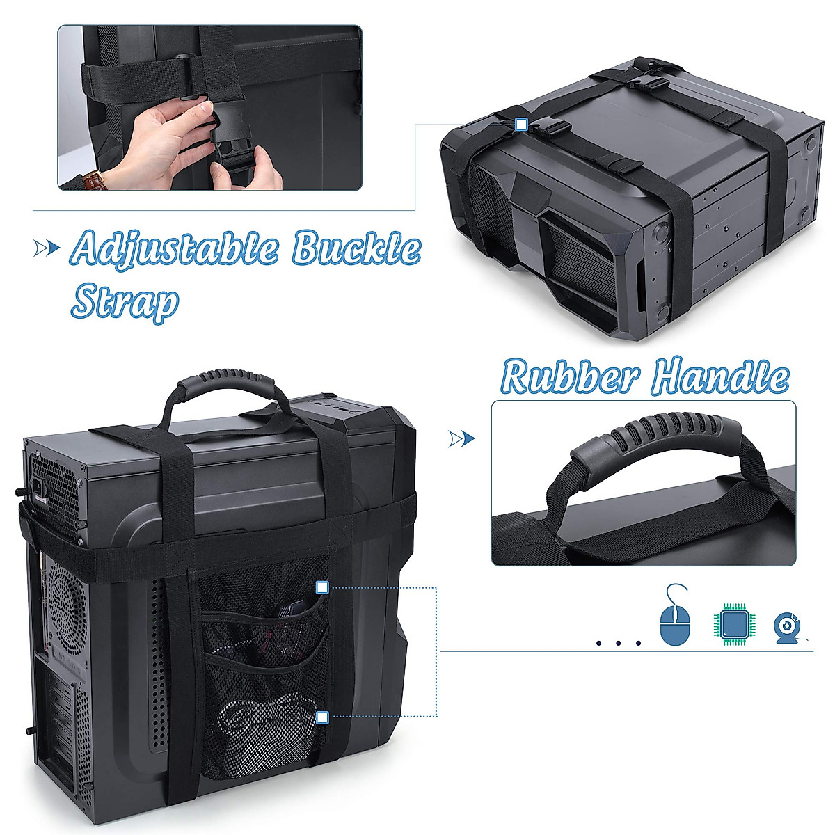 Trunab PC Tower Carrying Strap with Rubber Handle, Desktop Carrying Case Belt Computer Travel Holder with Pockets for Cable, Mouse, Ideal for Transporting On The Go - Patented Design