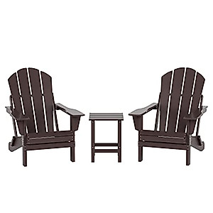 WestinTrends Malibu 3-Pieces Adirondack Chairs Set with Side Table, All Weather Outdoor Seating Plastic Patio Lawn Chair Folding for Outside Porch Deck Backyard, Dark Brown