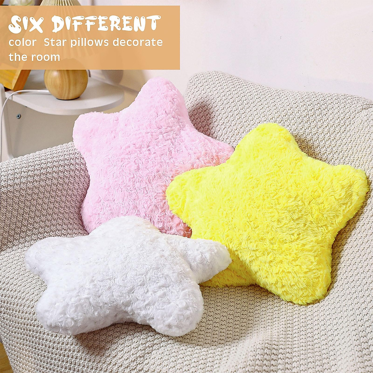 Yousoontic 6 Pcs Star Plush Throw Pillows Cute Preppy Star Shaped Floor Cushions Kids Aesthetic Room Decorative Pillows for Sofa Living Room Bedroom, 15.75 Inches(Pink,Yellow, White)