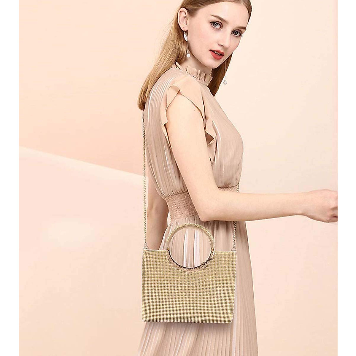 UBORSE Rhinestones Crystal Clutch Evening Bags for Women Ring Handle Wedding Party Clutch Purses Cocktail Prom Handbags Gold