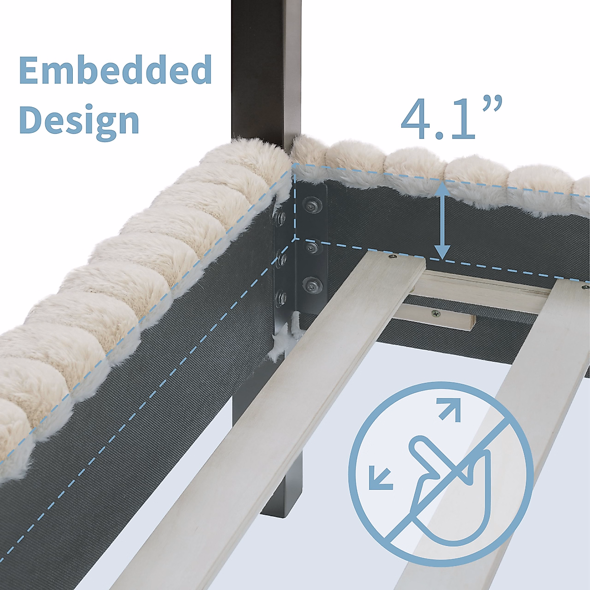 HOMES: Inside + Out Evadne Modern Canopy Bed Frame Queen Size with Channel Upholstered Headboard and Wooden Slats Support for Bedroom, Guest Room, No Box Spring Needed, Light Brown