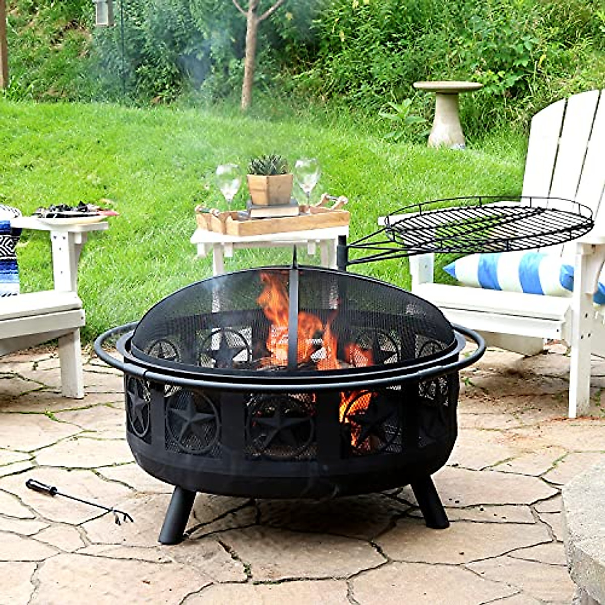 Sunnydaze 30-Inch Steel All Star Fire Pit Bowl - Black - Includes BBQ Cooking Grate and Spark Screen
