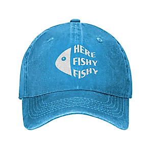 QVXHKP Funny Fishing Hat Here Fishy Fishy Fishy Hat for Men Baseball Caps Cute Hats Blue