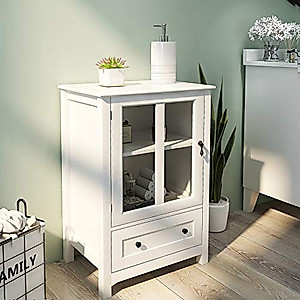 Modern Storage Cabinet with Single Glass Door, Handle and Drawer, Buffet Sideboard Console Table Side Table for Hallway Entryway Kitchen Living Room, White