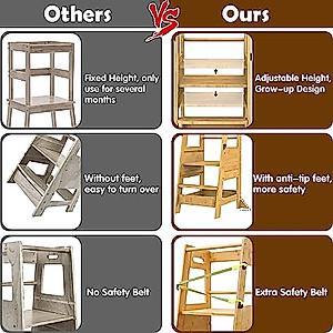XiaZ Kids Kitchen Step Stool, Bamboo Toddler Standing Tower Height Adjustable Wood Helper Tower with Safety Belt for Kids Kitchen Learning Counter Bathroom Sink