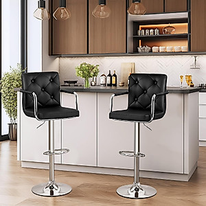 VECELO Bar Stools, Adjustable Bar Stools Set of 2, Counter Height Barstool with Back and Arms, Swivel PU Leather Bar Chairs for Kitchen/Island, Black