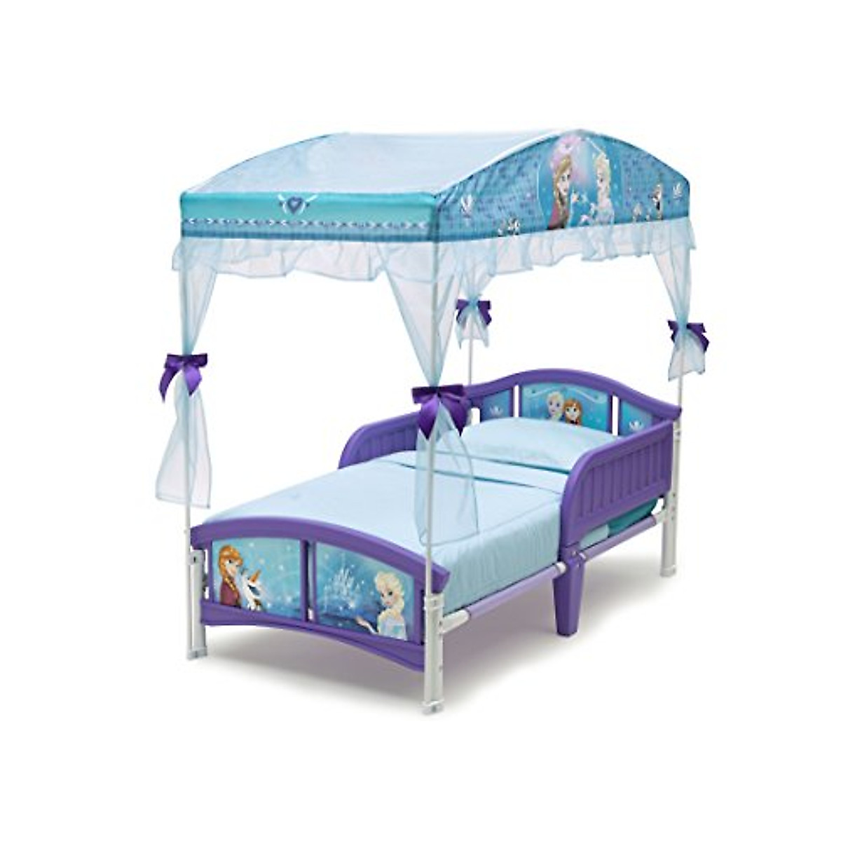 Delta Children Canopy Toddler Bed, Disney Frozen + Twinkle Galaxy Dual Sided Recycled Fiber Core Toddler Mattress (Bundle)