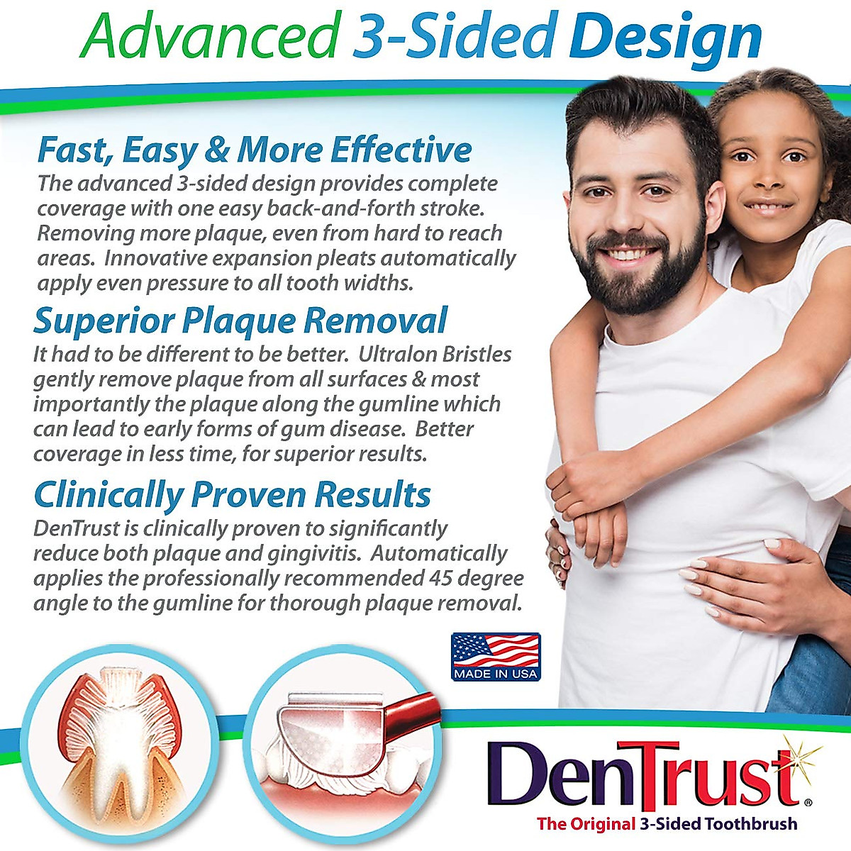 DenTrust | Triple Clean 3-Sided Toothbrush | Made in USA | Extra Gentle Soft Heads | Tongue Cleaner for Fresh Breath | Child Autism Special Needs