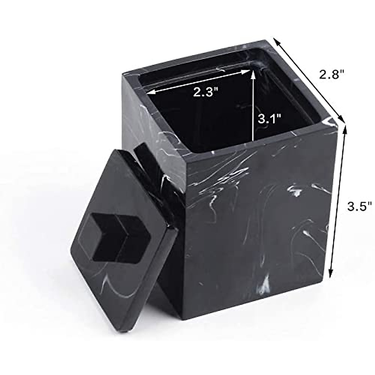 JUNGFORD Square Qtips Holder, Bathroom Countertop Storage Organizer Container with Lid for Cotton Swabs Rounds Balls Makeup Sponges Pads Bath Salts, Made of Black Marble Pattern Resin
