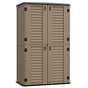 KINYING Sheds & Outdoor Storage, 66 cu.ft Vertical Outdoor Storage Cabinet, Resin Storage Sheds Outdoor with Floor for Garden Tools,Patio Furniture,Garbage Cans(Brown Color)