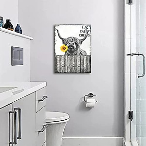 Bathroom Wall Art Highland Cow Farmhouse Bathroom Decor Sunflower Funny Bathroom Poster Rustic Canvas Print Painting Black and White Animal Pictures for Toilet Modern Home Framed Artwork 12"x16"
