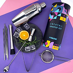 Cobbler Shaker Cocktail Mixer Set, Manhattan Drink Gift Sets for Women Men, Full Bartender Kit with Cocktails Mixing Accessories Jigger Bar Spoon Muddler Strainer Tongs Reusable Metal Straws 4 Drinks