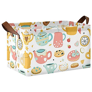 SPRIPORT Bread Teapot Cookies Foldable Storage Cube for Shelves Fabric Storage Bin with Metal Frame & Double Handles Large Storage Basket for Organizing Clothes Toys Blankets Books