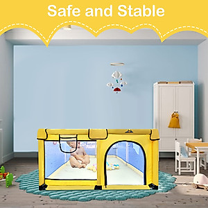 B22 Playpen 51”x51” + 2pull Rings+ 50pcs Ocean Balls+ 1sports Basket Loop; Playpen for Babies, Toddlers, Kid. Large Playpen for Toddlers, Sturdy, Safe, Portable Play Yard Indoor & Outdoor, Yellow